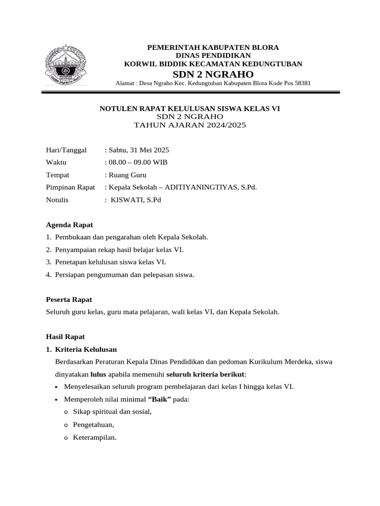 Notulen Rapat Kelulusan Kelas VI SDN 2 Ngraho | PDF