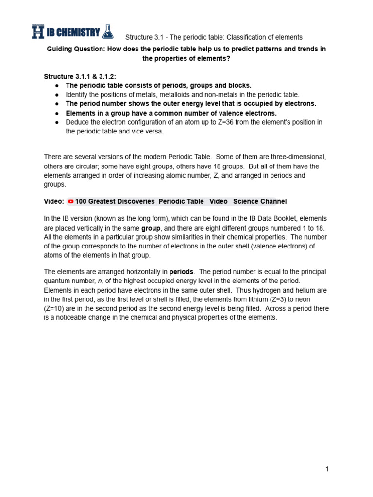 Structure 3.1 - The Periodic Table - Classification of Elements BLANK ...