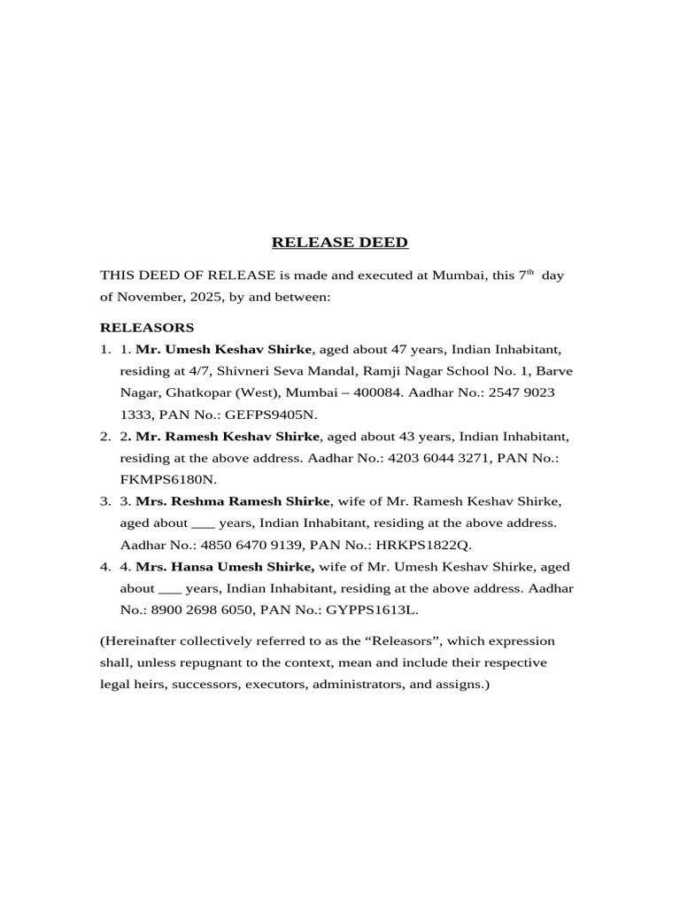Mumbai Property Release Deed 2025 | PDF