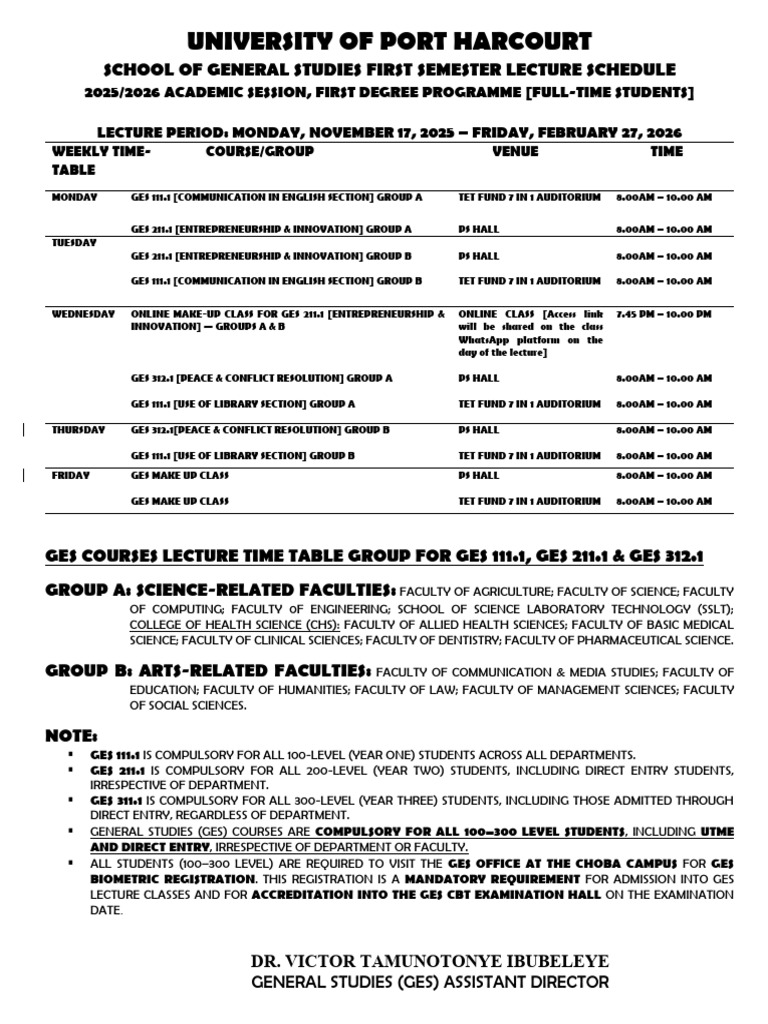 Ges First Semester Lecture Time Table 2025 2026 Session Ges Ad Copy ...