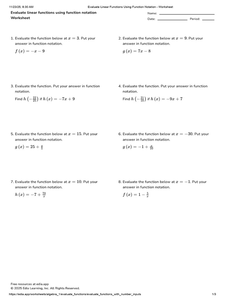 Evaluate Linear Functions Using Function Notation - Worksheet | PDF | Chess Theory | Chess