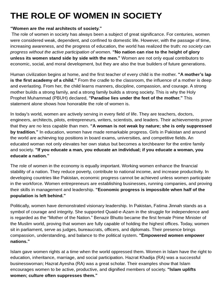 The Role of Women in Society | PDF | Gender Role | Muhammad Ali Jinnah