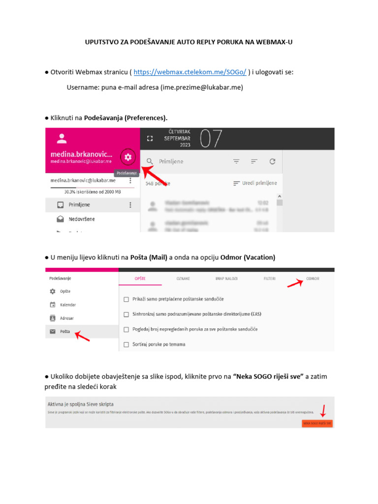 Uputstvo Za Podesavanje Auto-Reply Poruka Na Webmax-U | PDF