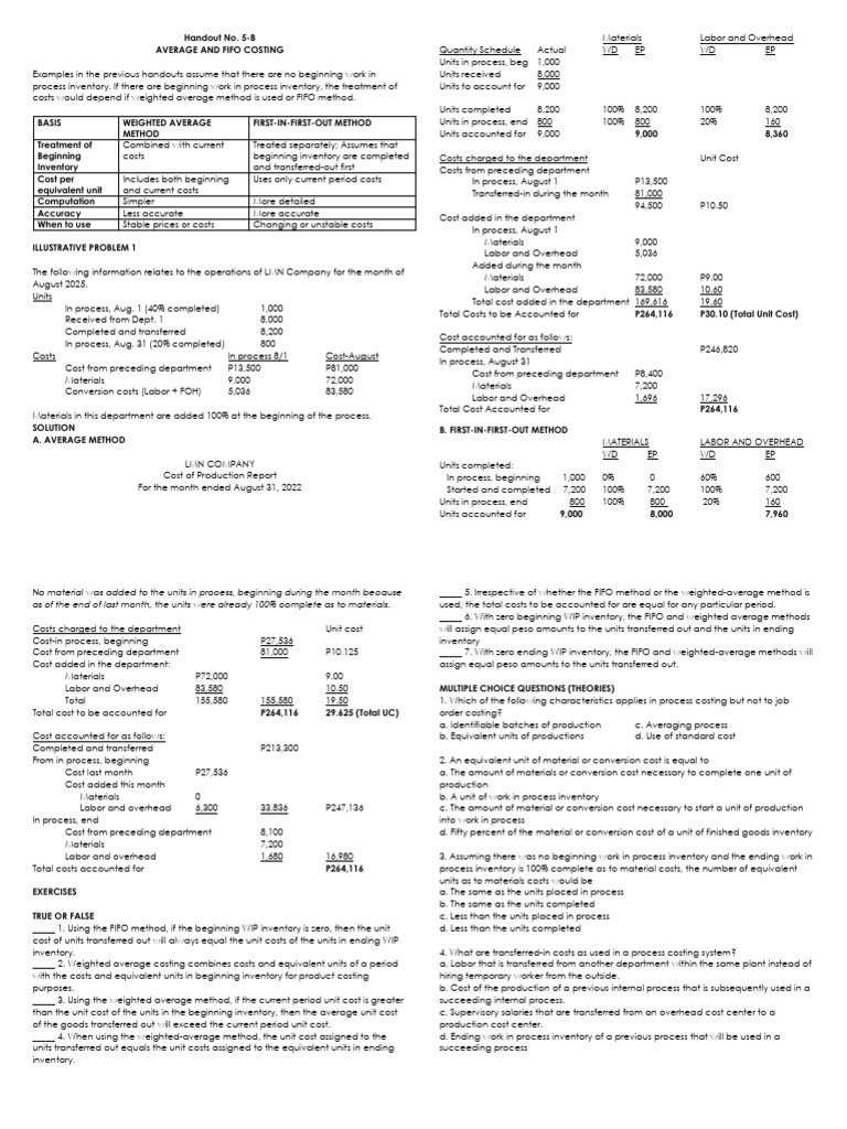 Handout No. 5B Process Costing Average and FIFO Costing | PDF | Cost Of ...