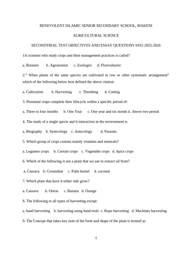 Agricultural Science Test Questions SSS2 | PDF | Cattle | Crops