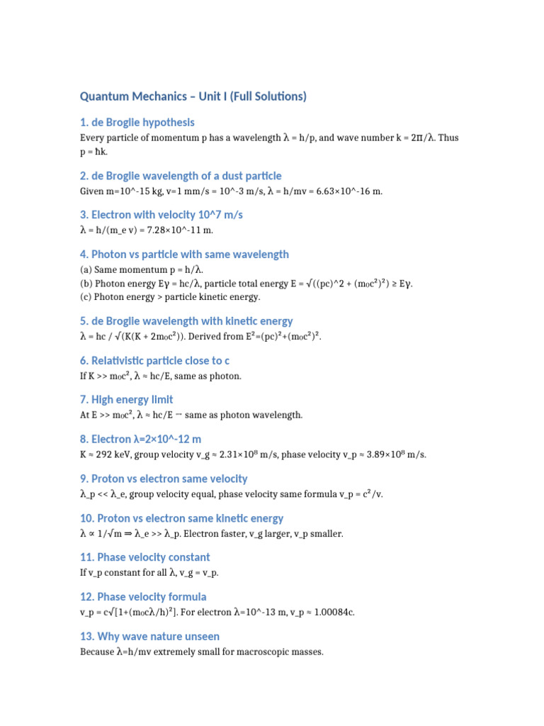 Quantum Mechanics Unit I Solutions | PDF | Wave Function | Electron