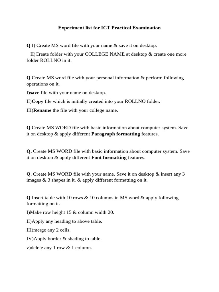 ICT Practical Exam Experiment List | PDF