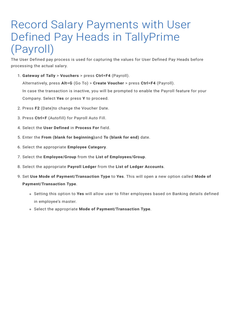 User Defined Pay Head Process Tally | PDF