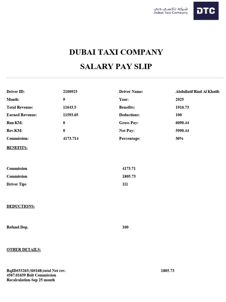 Dubai Taxi Driver Salary Slip 2025 | PDF | Taxes | Payments