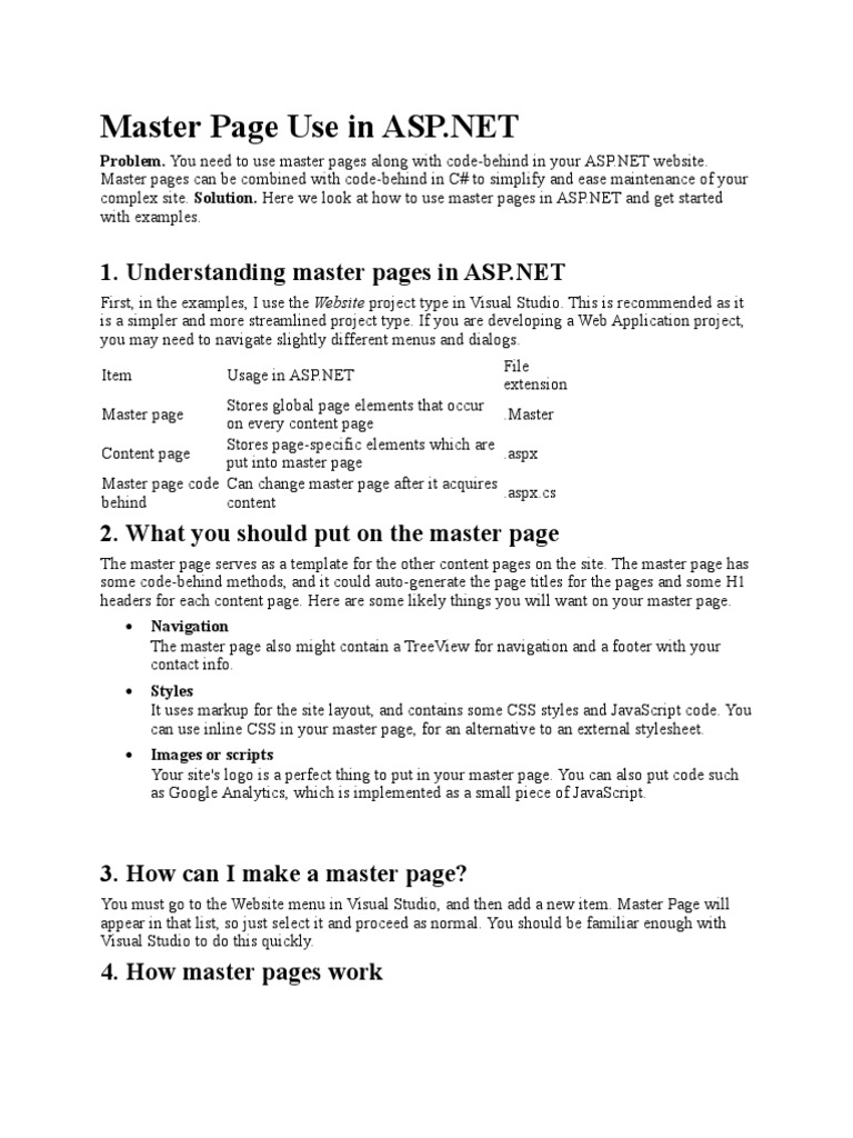 Master Pages in ASP.NET Explained | PDF | Computers | Technology ...