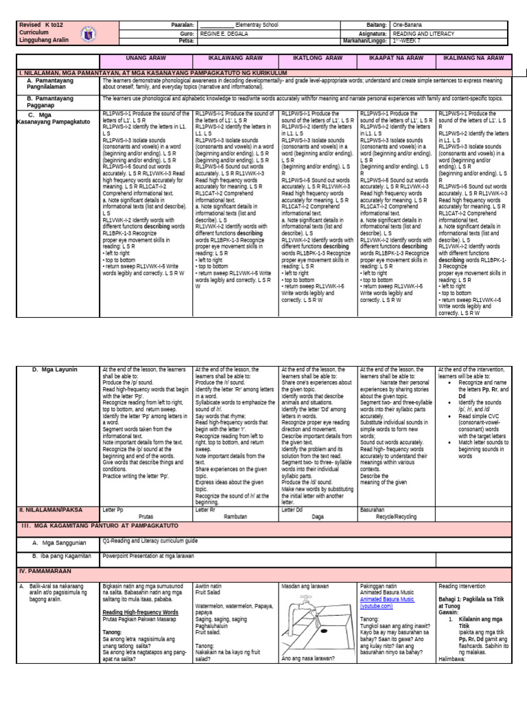 Week 7-Reading & Lit Grade 1 Do 42 Format | PDF | Syllable | Human ...
