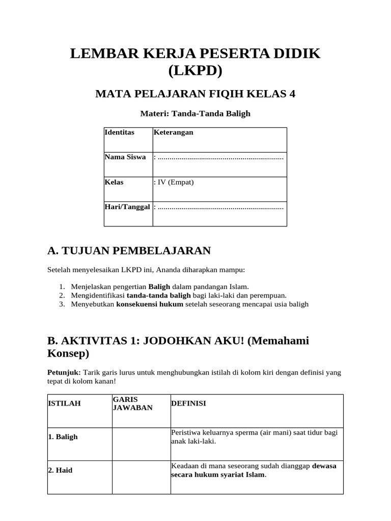 LKPD Fiqih Kelas 4: Tanda Baligh | PDF