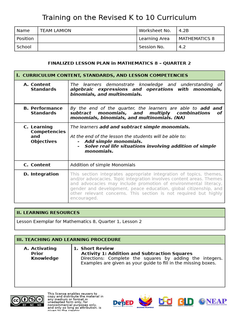 Lesson Plan: Adding Monomials in Math 8 | PDF | Multiplication ...