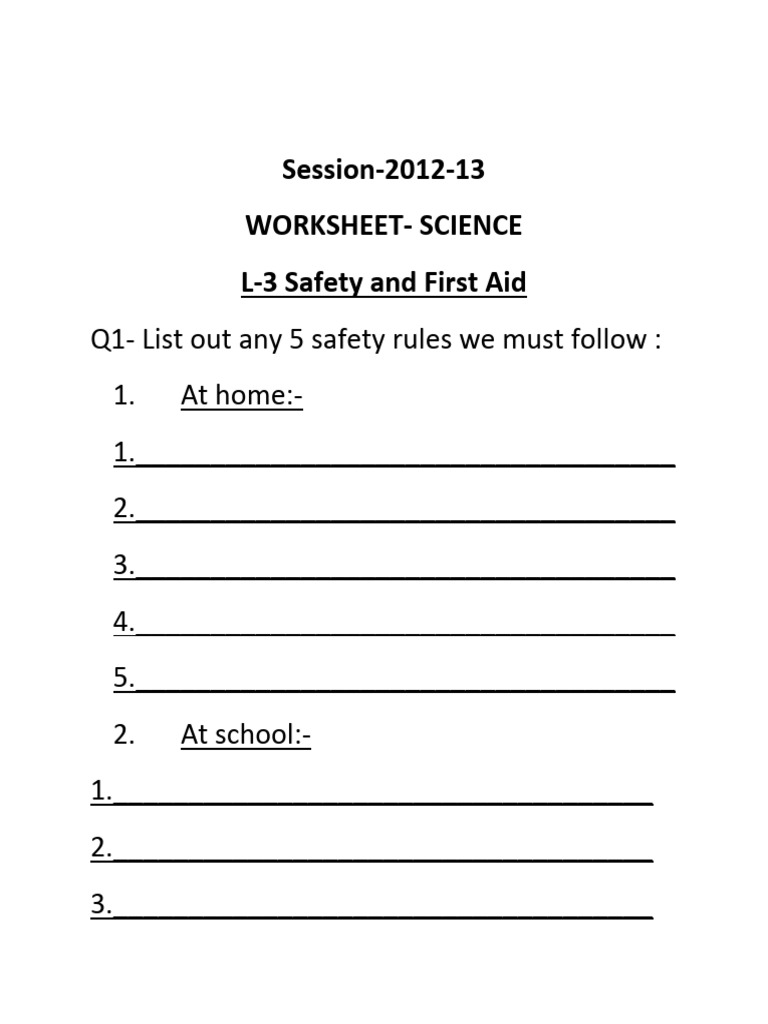 CBSE Class 3 Science Worksheet (1) - Safety and First Aid | PDF