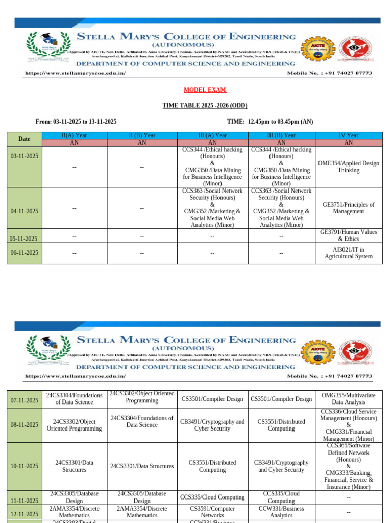 Model Exam CSE Time Table | PDF | Discrete Mathematics | Analytics