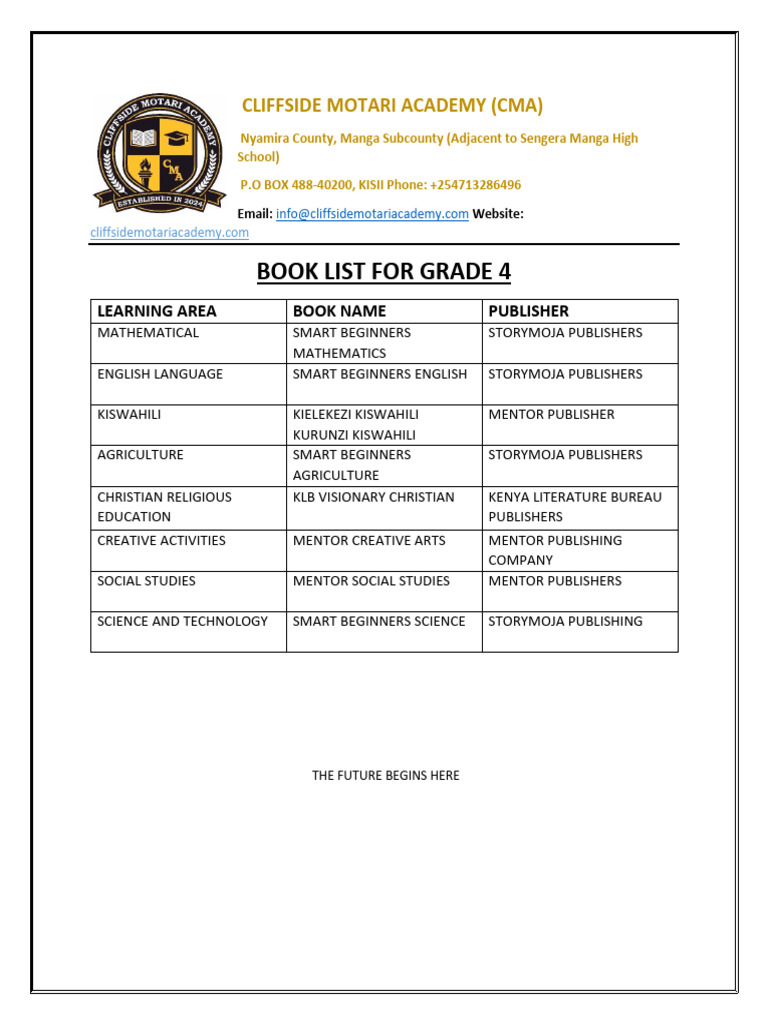 Grade 4 Book List - Cliffside Academy | PDF