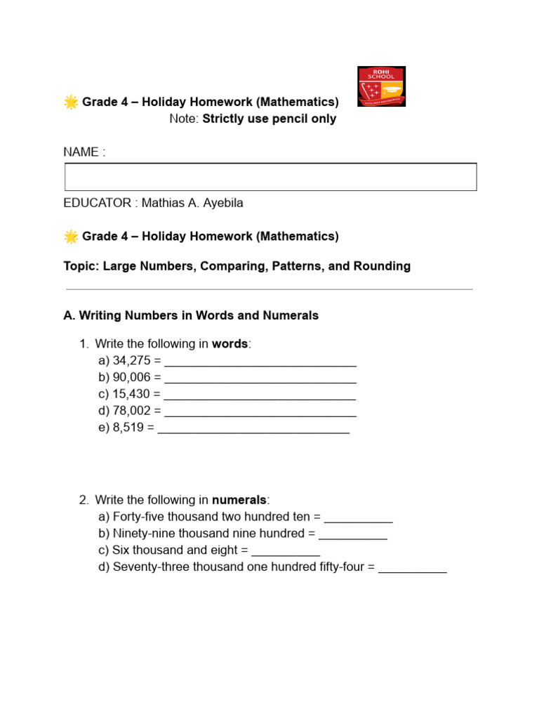 ? Grade 4 - Holiday Homework (Mathematics) | PDF