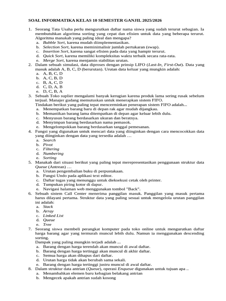 Soal Informatika Kelas X Gasal 2025-2026 | PDF