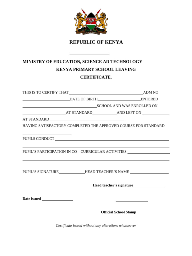 Kenya Primary School Leaving Certificate | PDF
