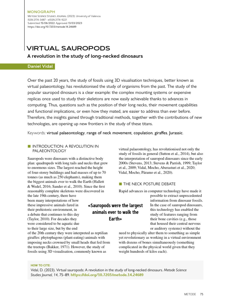 VIRTUAL SAUROPODS: A Revolution in The Study of Long-Necked Dinosaurs ...
