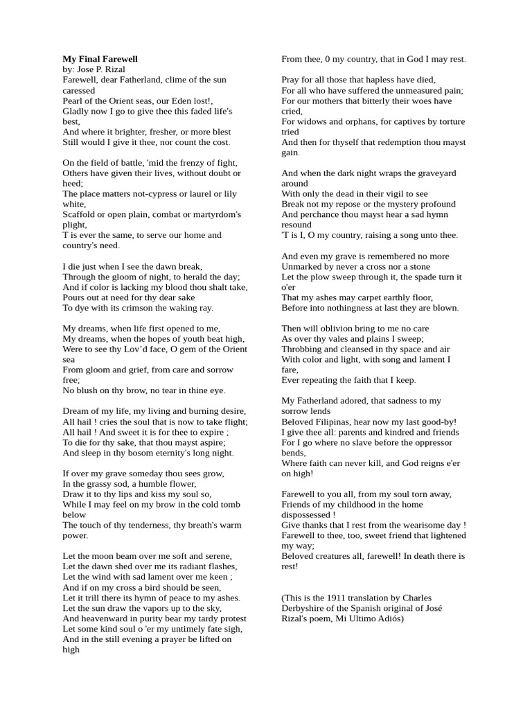 Rizal's Poem: A Final Farewell | PDF