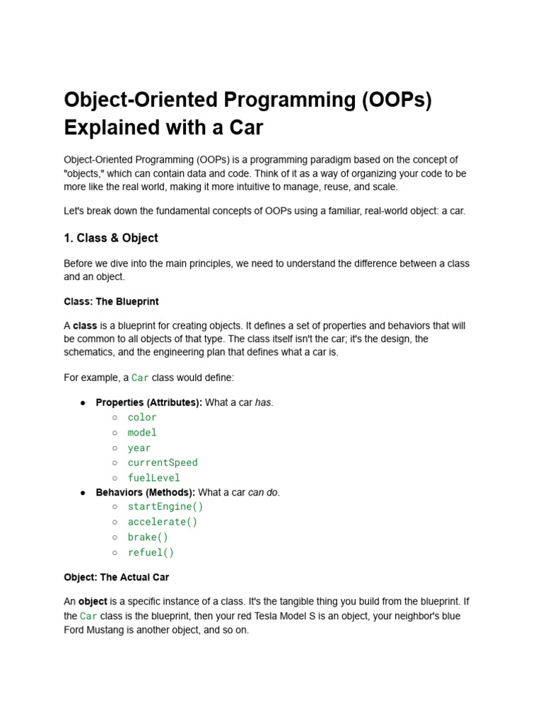 Object-Oriented Programming (OOPs) Explained With A Car | PDF | Inheritance (Object Oriented ...