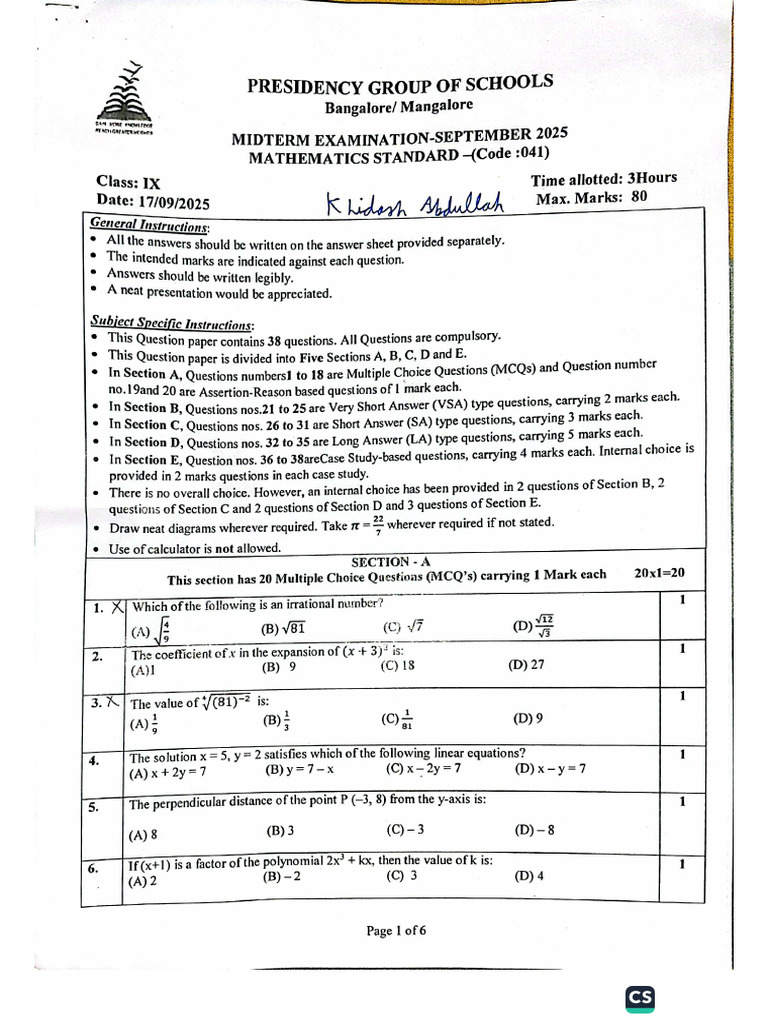 Math QP Class 9b Presidency | PDF