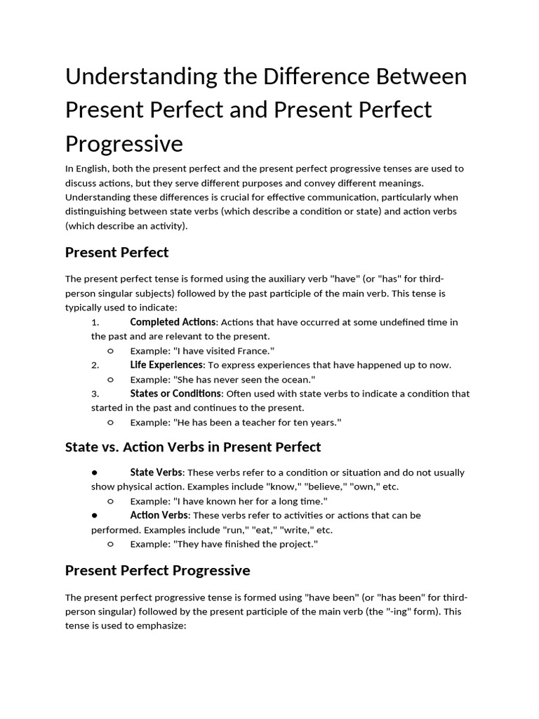 Present Perfect vs. Progressive | PDF | Perfect (Grammar) | Grammatical ...