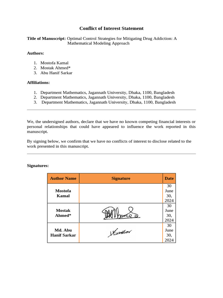 Conflict of Interest Statement for Research | PDF