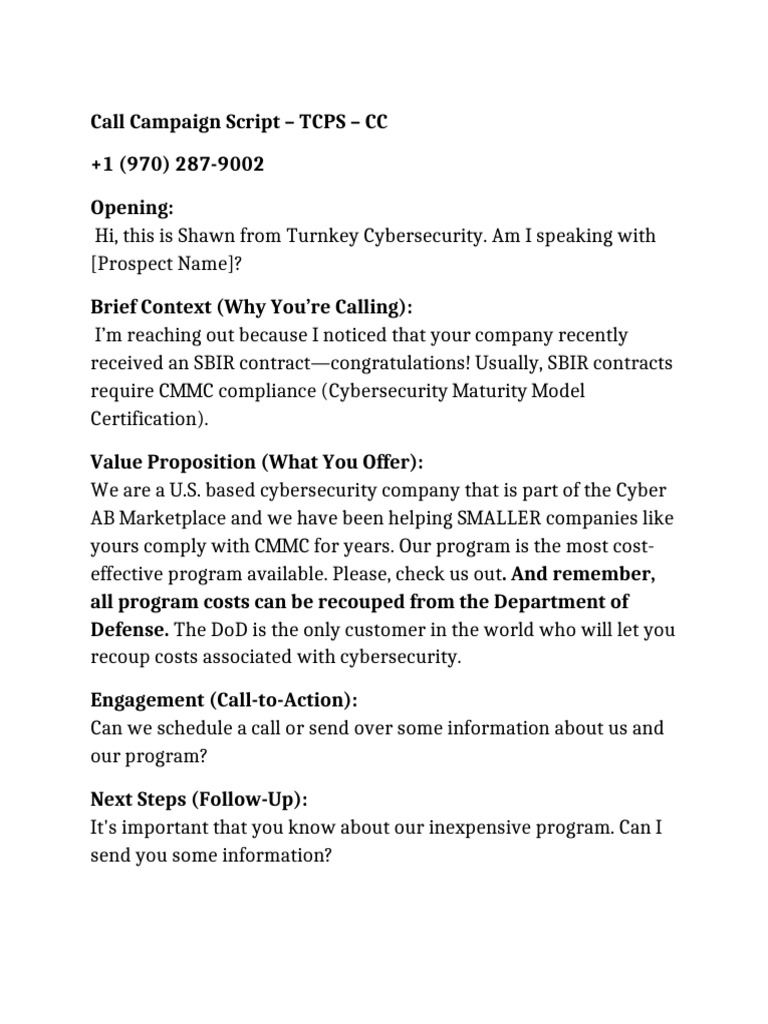 Call Campaign Script - TCPS - CC | PDF