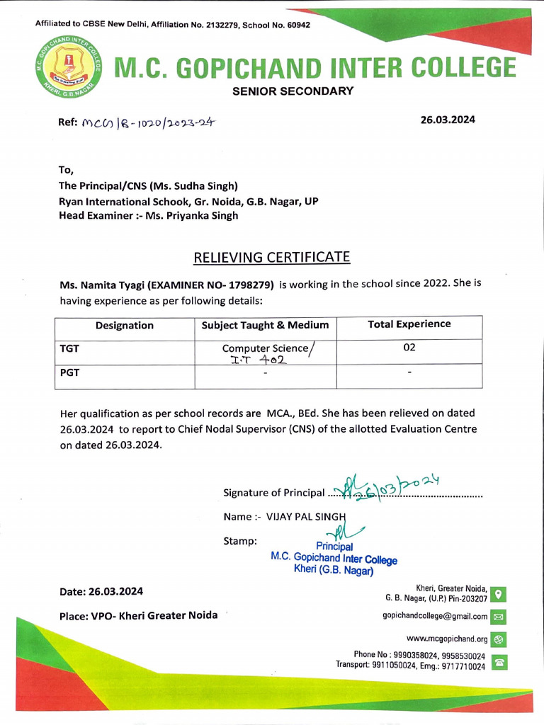 Gopichand Inter College: Relieving Certificate | PDF