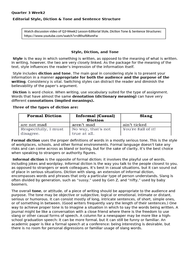 Q3 Week2 Editorial Style Diction Tone Sentence Structure | PDF ...
