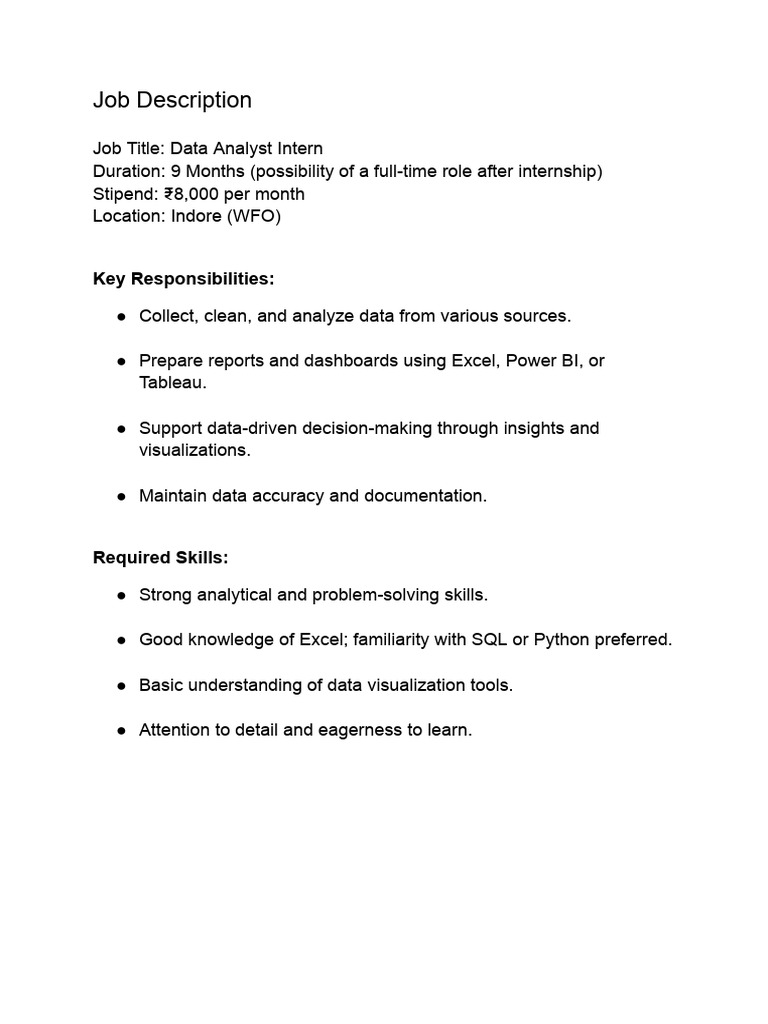Job Description of Data Analyst Internship | PDF