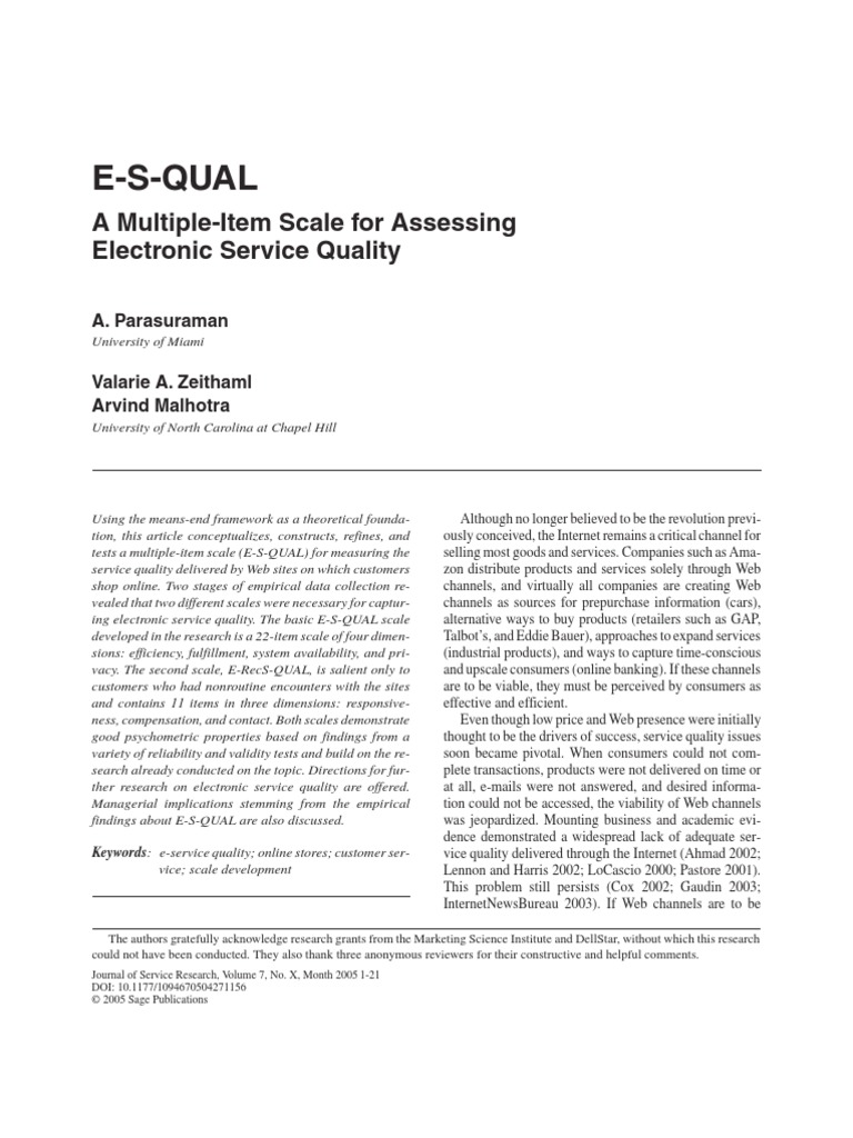 SERVQUAL A Multiple-Item Scale For Assessing Electronic Service Quality | PDF | Survey ...