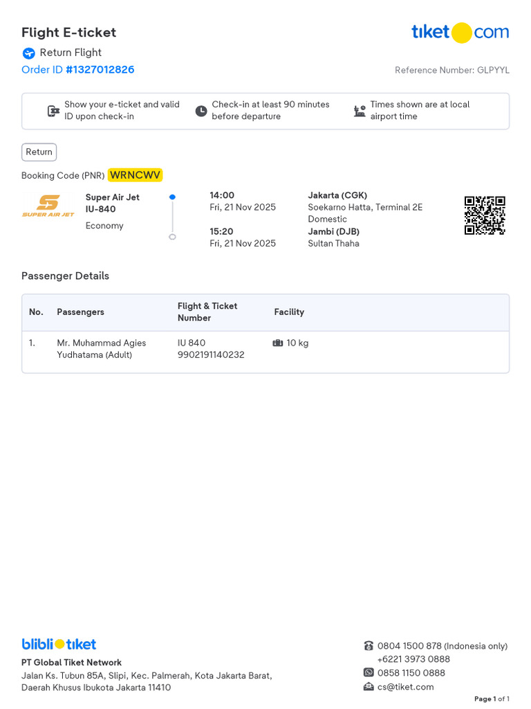 Flight E-Ticket - Muhammad Agies (To DJB) | PDF
