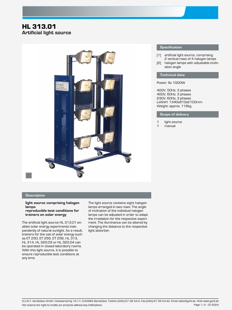 HL 313.01 Artificial Light Source Gunt 424 PDF - 1 - en GB | PDF ...