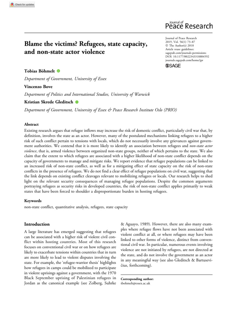 Bohmelt-Refugees Non-State Actor Violence | PDF | Refugee | Violence