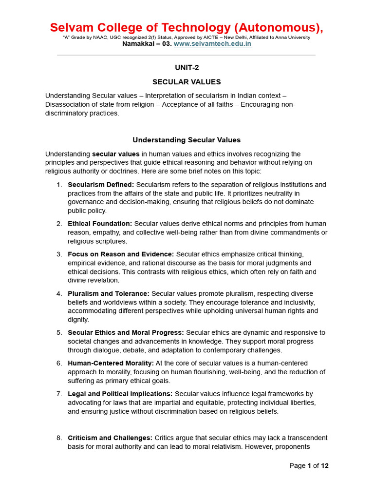 Human Values Ethics Unit 2 Material 1 1 | PDF | Secularism | Justice