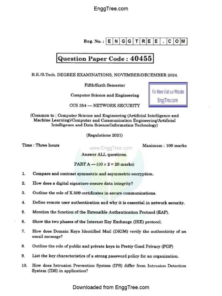 CCS354 Network Security Nov Dec 2024 Question Paper Download | PDF