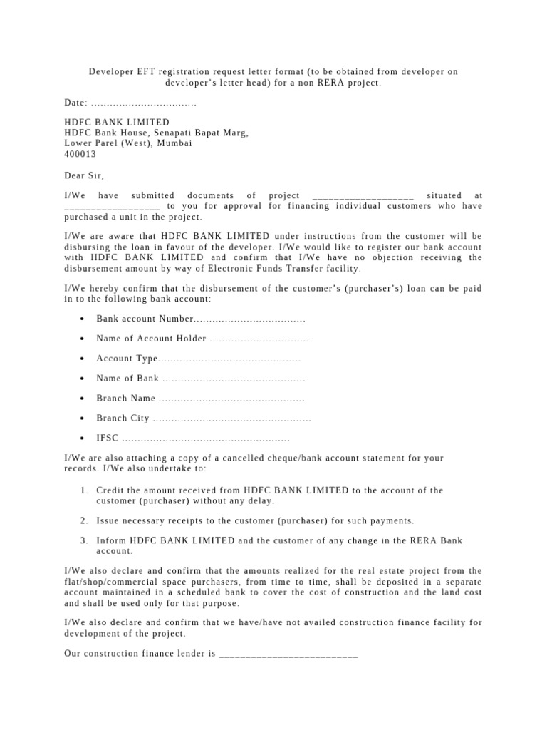 Developer EFT Registration Letter Format | PDF | Banks | Cheque