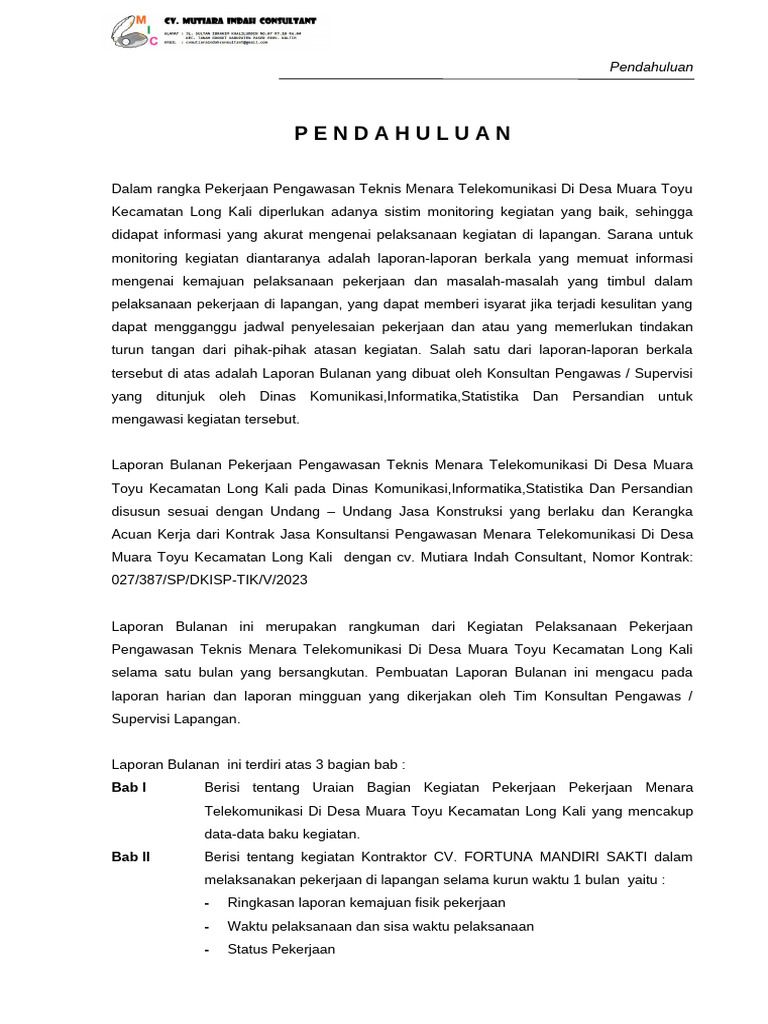 002 Pendahuluan Laporan Bulan Cv Mutia | PDF