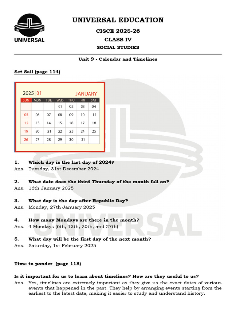 Unit 9 - Calendar and Timelines - Social Studies - Class IV - CISCE ...