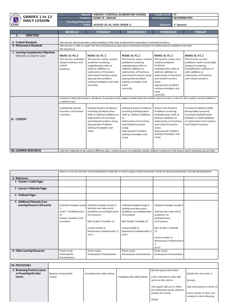 Grade 6 Math Lesson Plan: Fractions | PDF | Learning | Multiplication