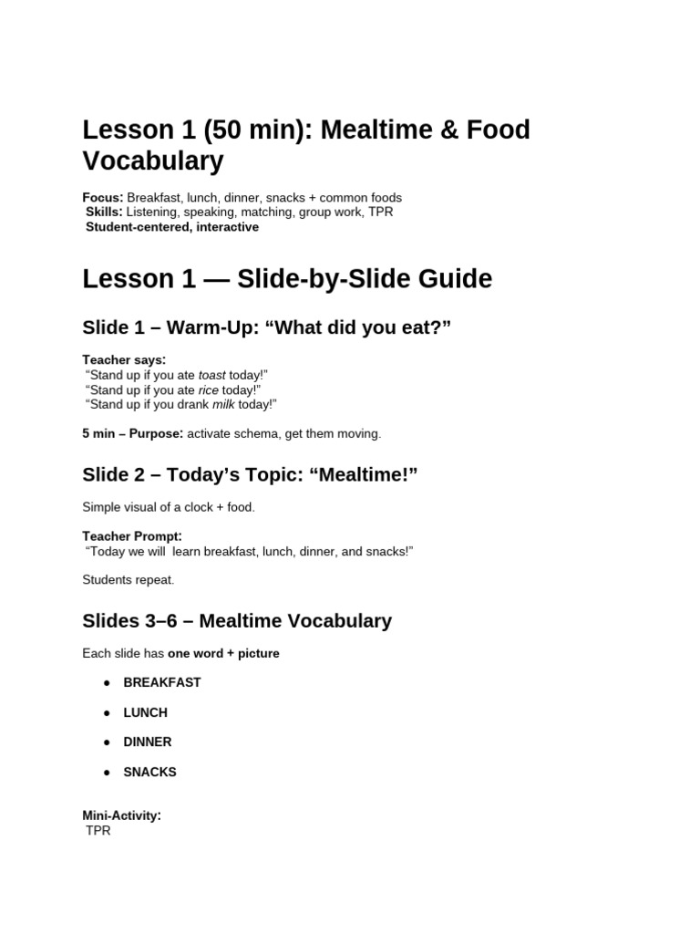 English 3 Mealtime Lesson Plan | PDF | Lunch | Meal