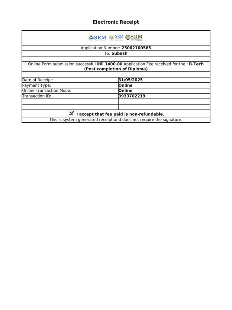 Acknowledgement Receipt 25062100565 | PDF