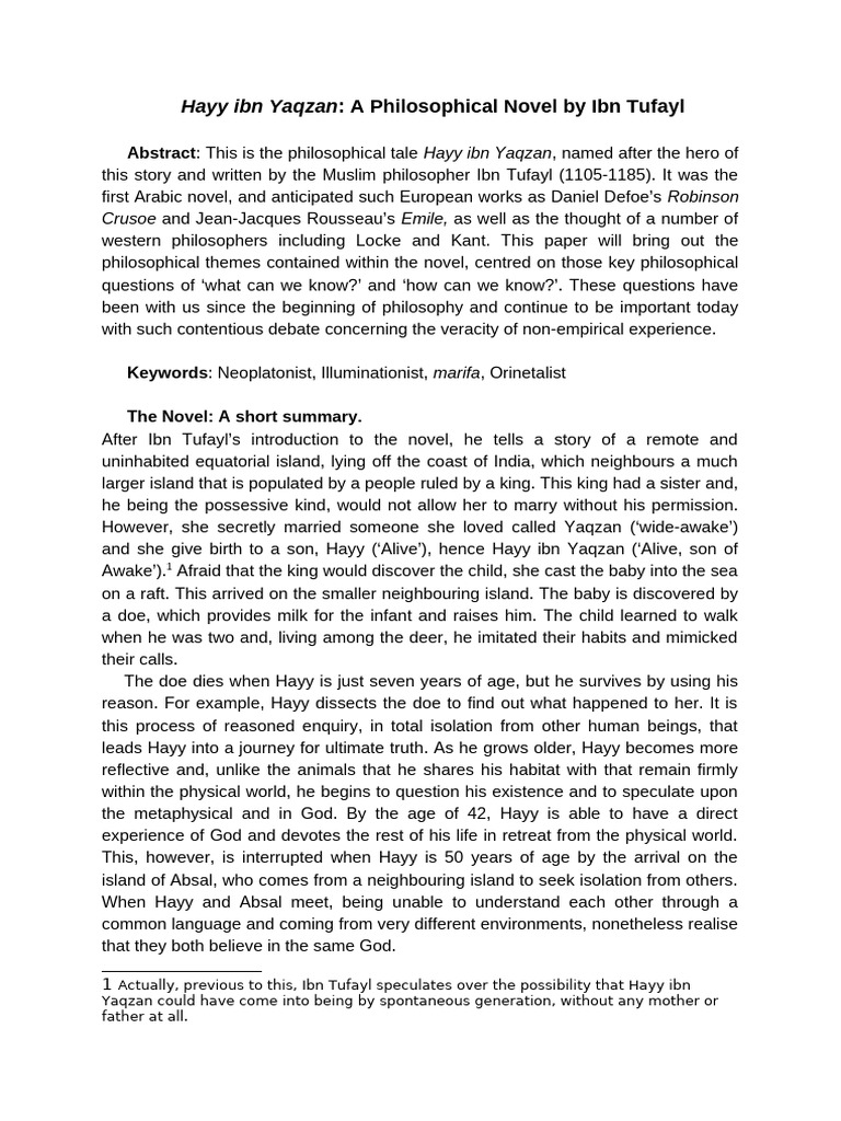 Hayy ibn Yaqzan: Philosophy in Fiction | PDF | Islamic Philosophy ...