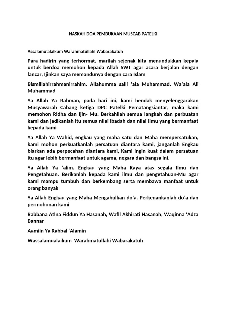 Doa Pembukaan Muscab Patelki Pematangsiantar | PDF