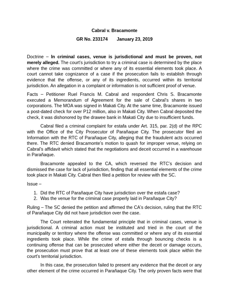 Cabral v. Bracamonte, GR 233174 | PDF | Jurisdiction | Prosecutor