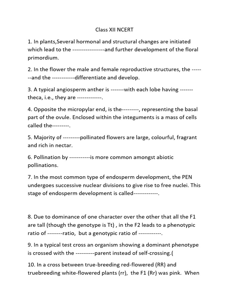 BOTANY_class12 Questiond fill in the blanks | PDF | Dna | Dna Replication