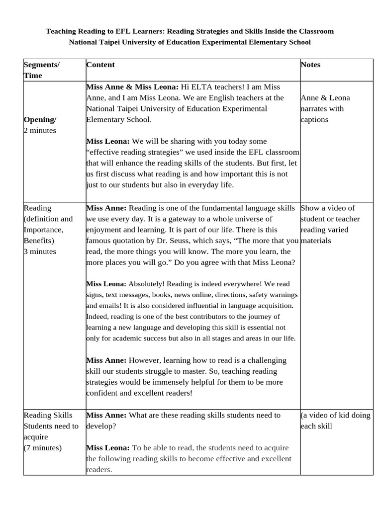 Teaching Reading Startegies To EFL Learners Script | PDF | Reading ...